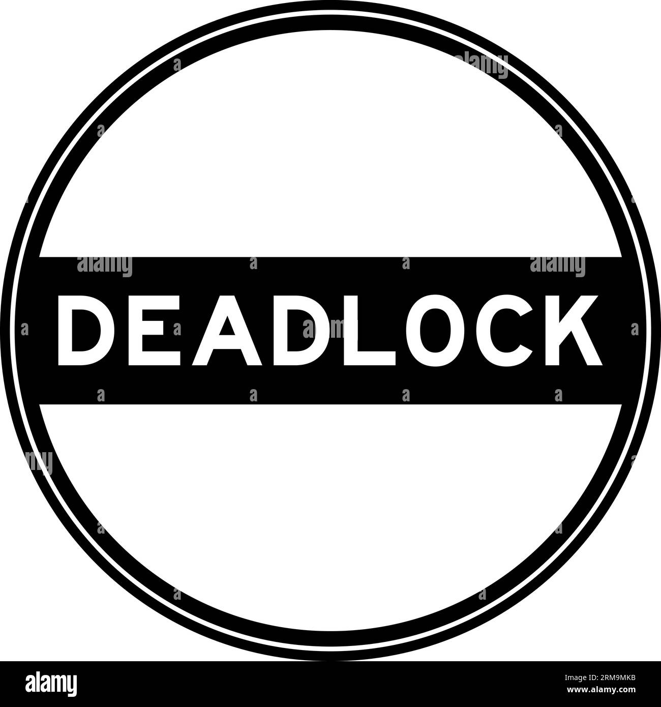Black color round seal sticker in word deadlock on white background ...