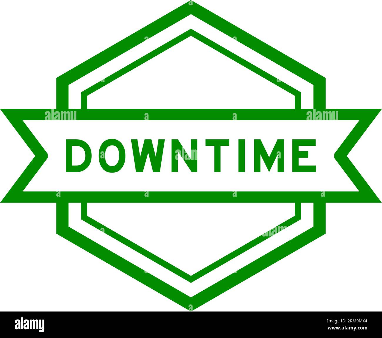 Vintage green color hexagon label banner with word downtime on white ...