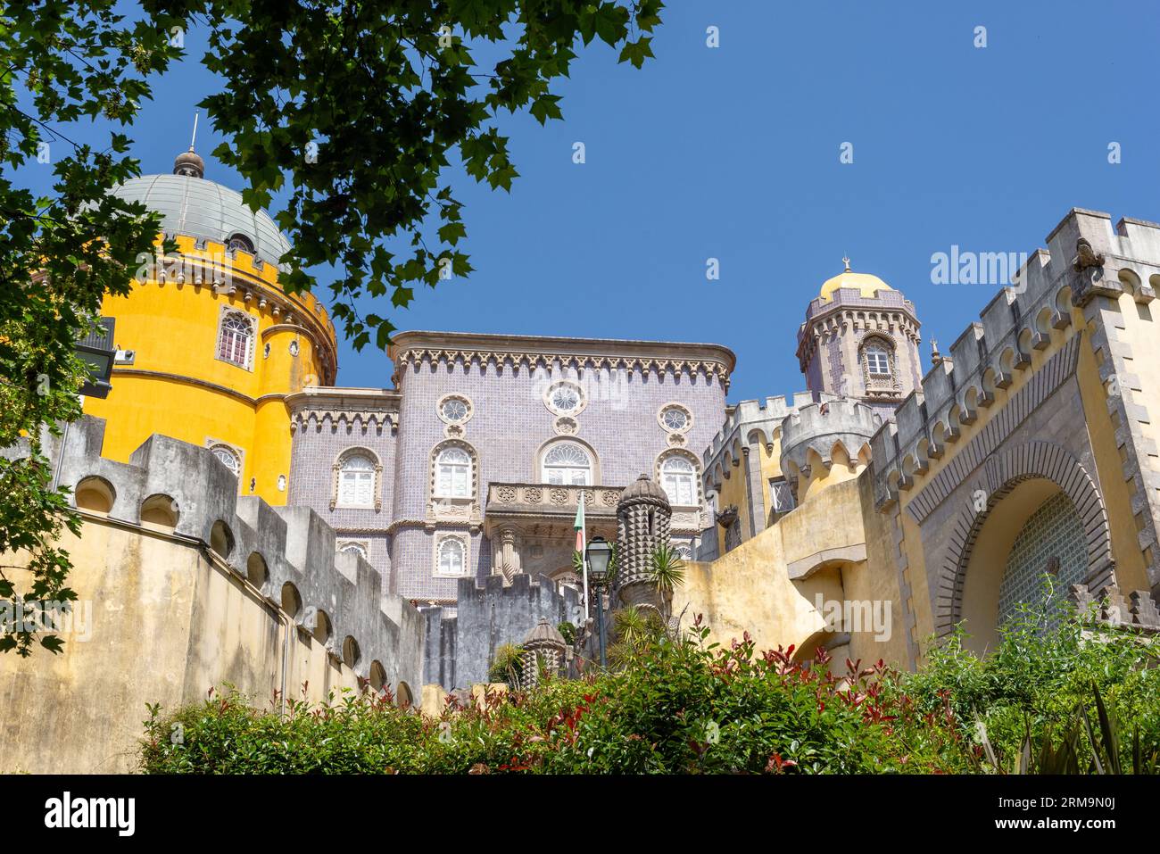 A grand castle with a sprawling facade of many windows, atop a hill ...