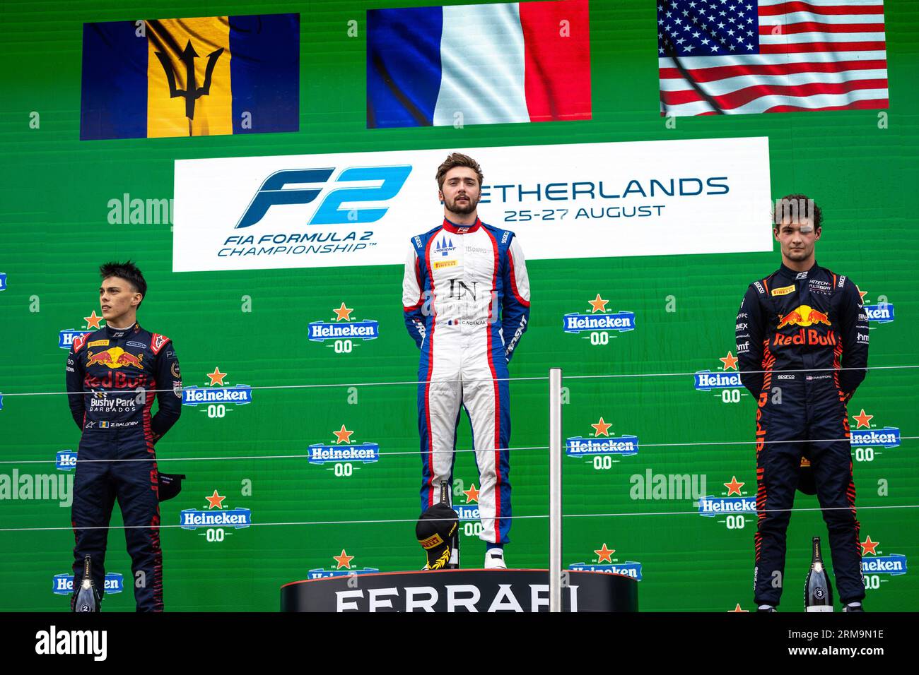 NOVALAK Clement (fra), Trident Racing, Dallara F2, portrait, podium with MALONEY Zane (bb ...