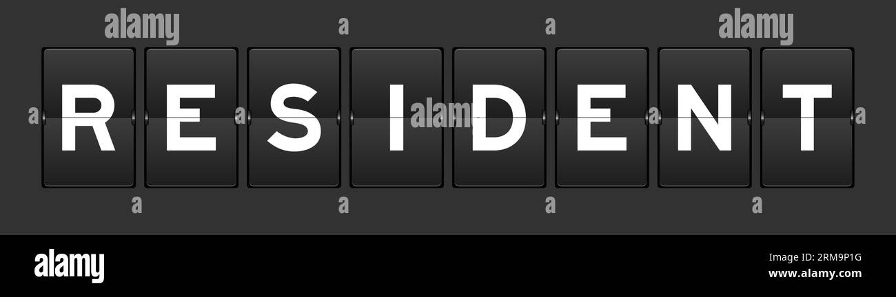 Black color analog flip board with word resident on gray background ...