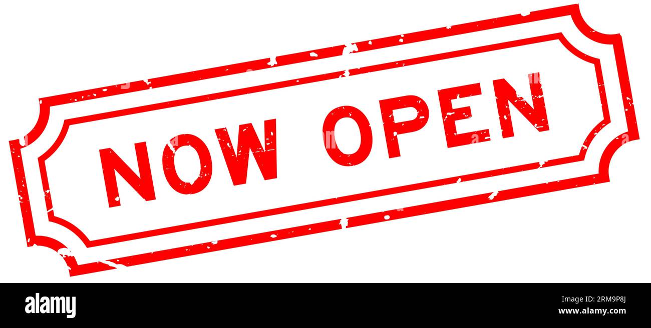 Grunge red now open word rubber seal stamp on white background Stock ...