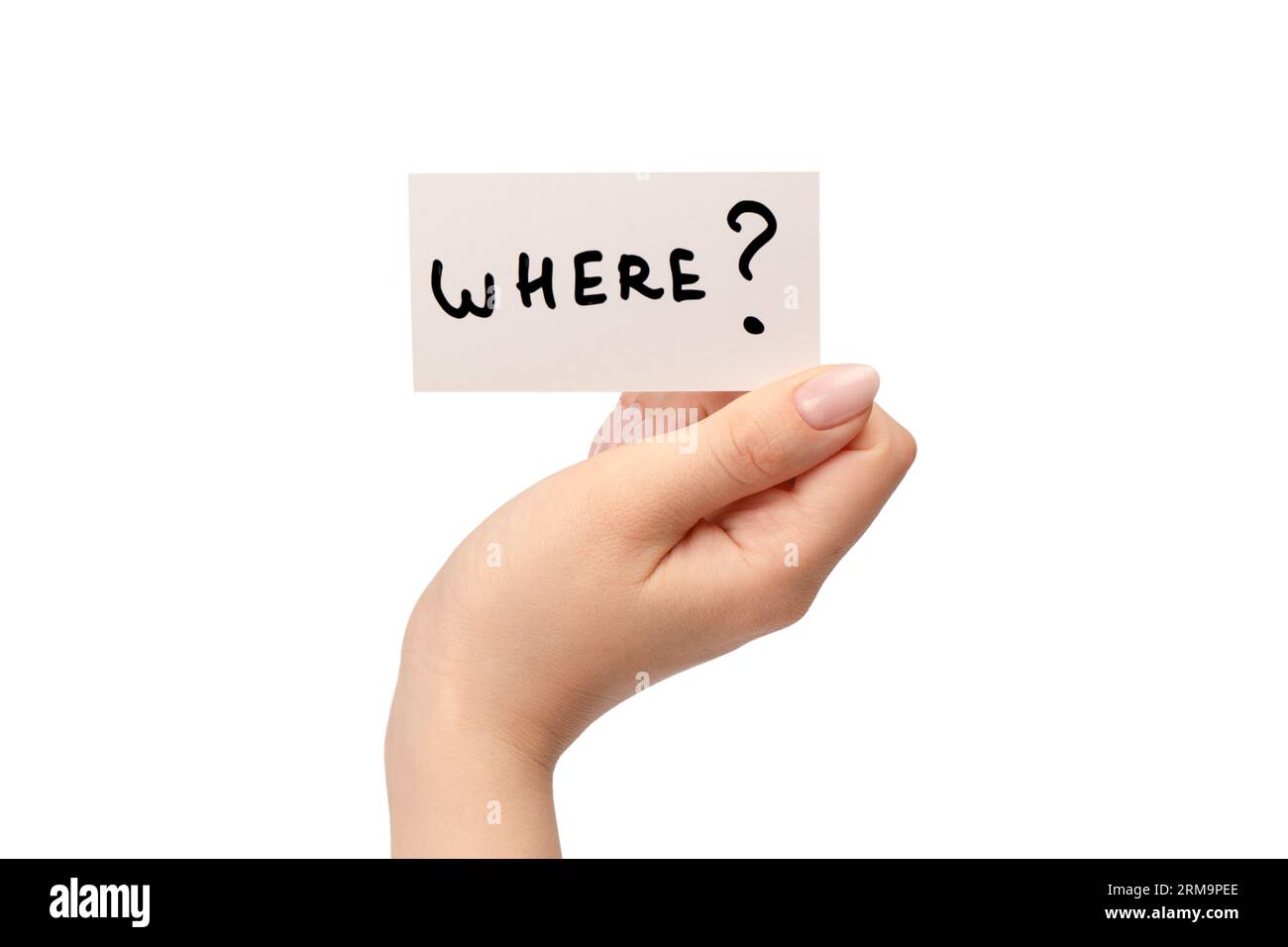 Where text on a card in a woman hand isolated on a white background ...