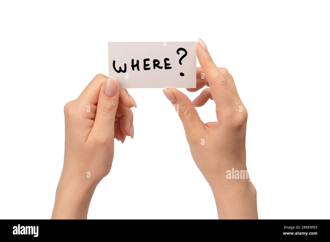 Where text on a card in a woman hand isolated on a white background ...