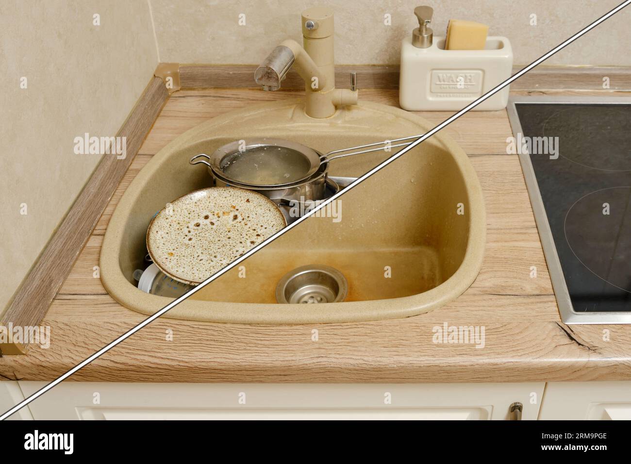 Empty and cluttered kitchen sink, before and after washing dirty dishes ...