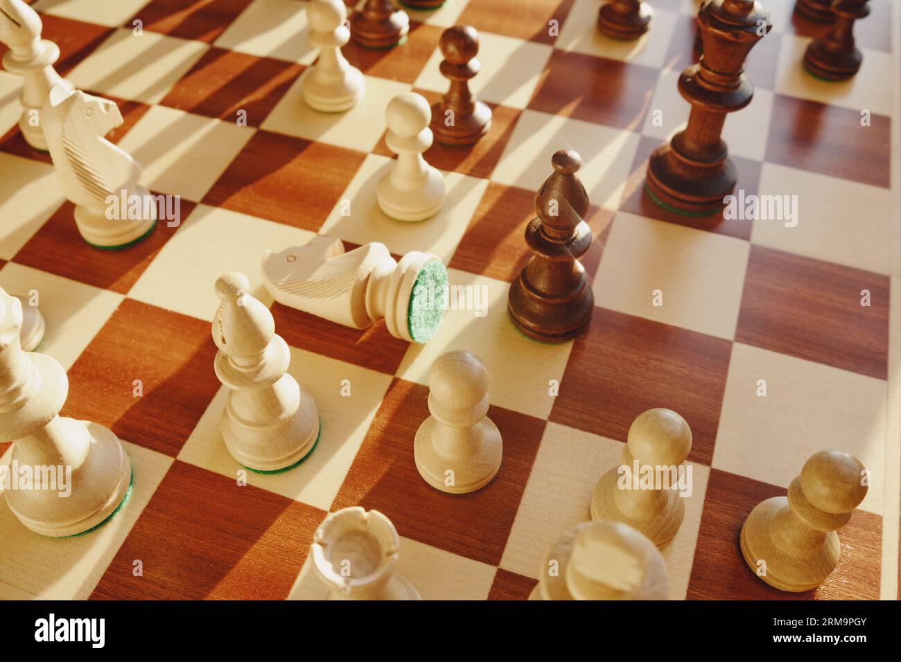 Capture of a white knight by a chess black bishop on a chessboard Stock ...