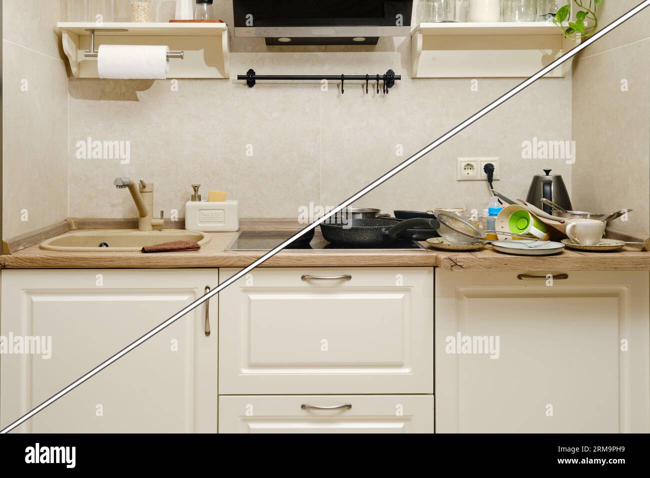 Home kitchen before and after cleaning dirty dishes. Cluttered home ...
