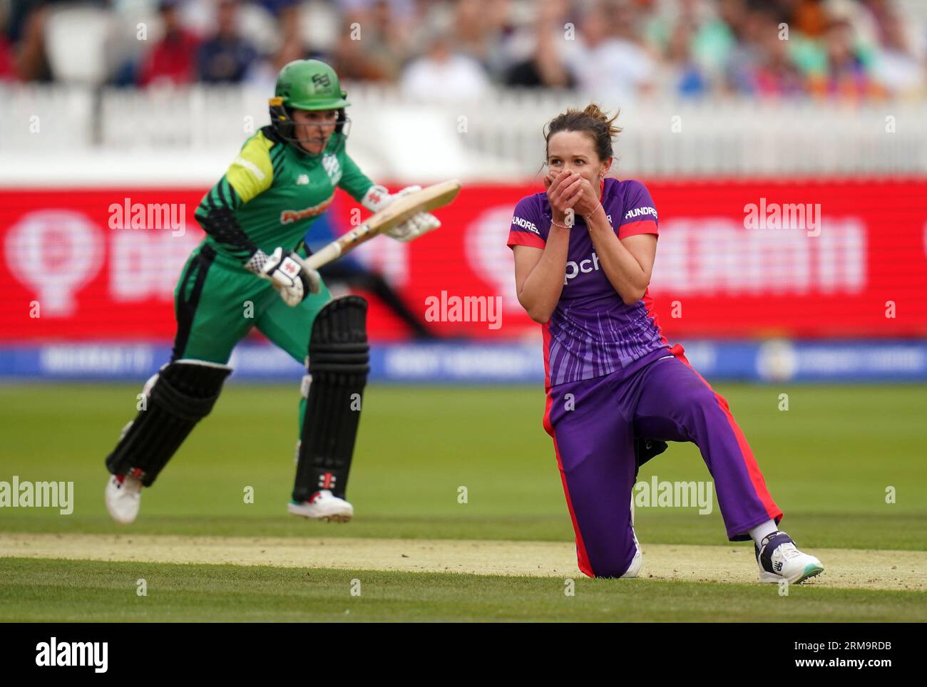Northern Superchargers' Kate Cross reacts to a missed run out chance ...