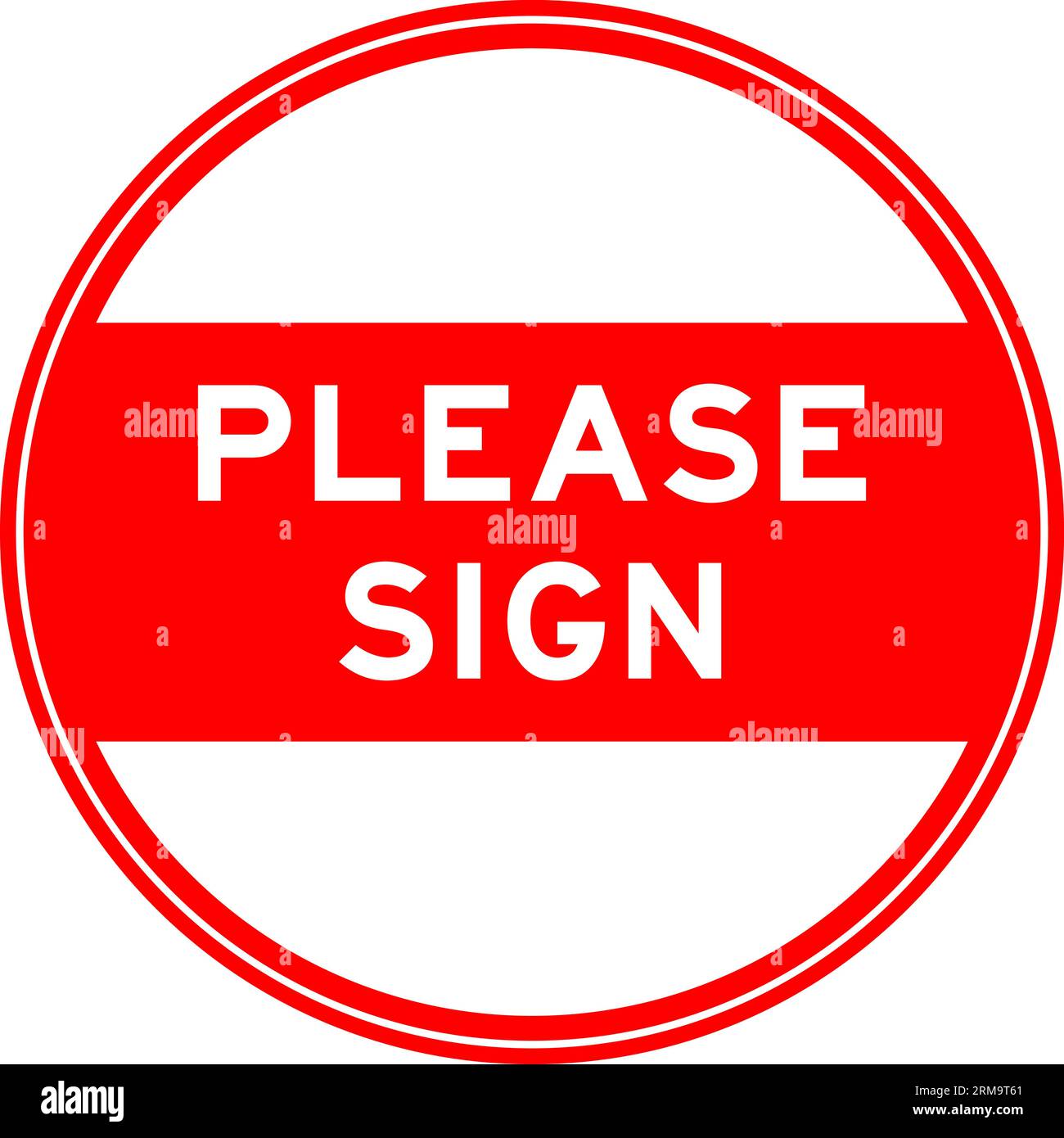 Red color round seal sticker in word please sign on white background ...