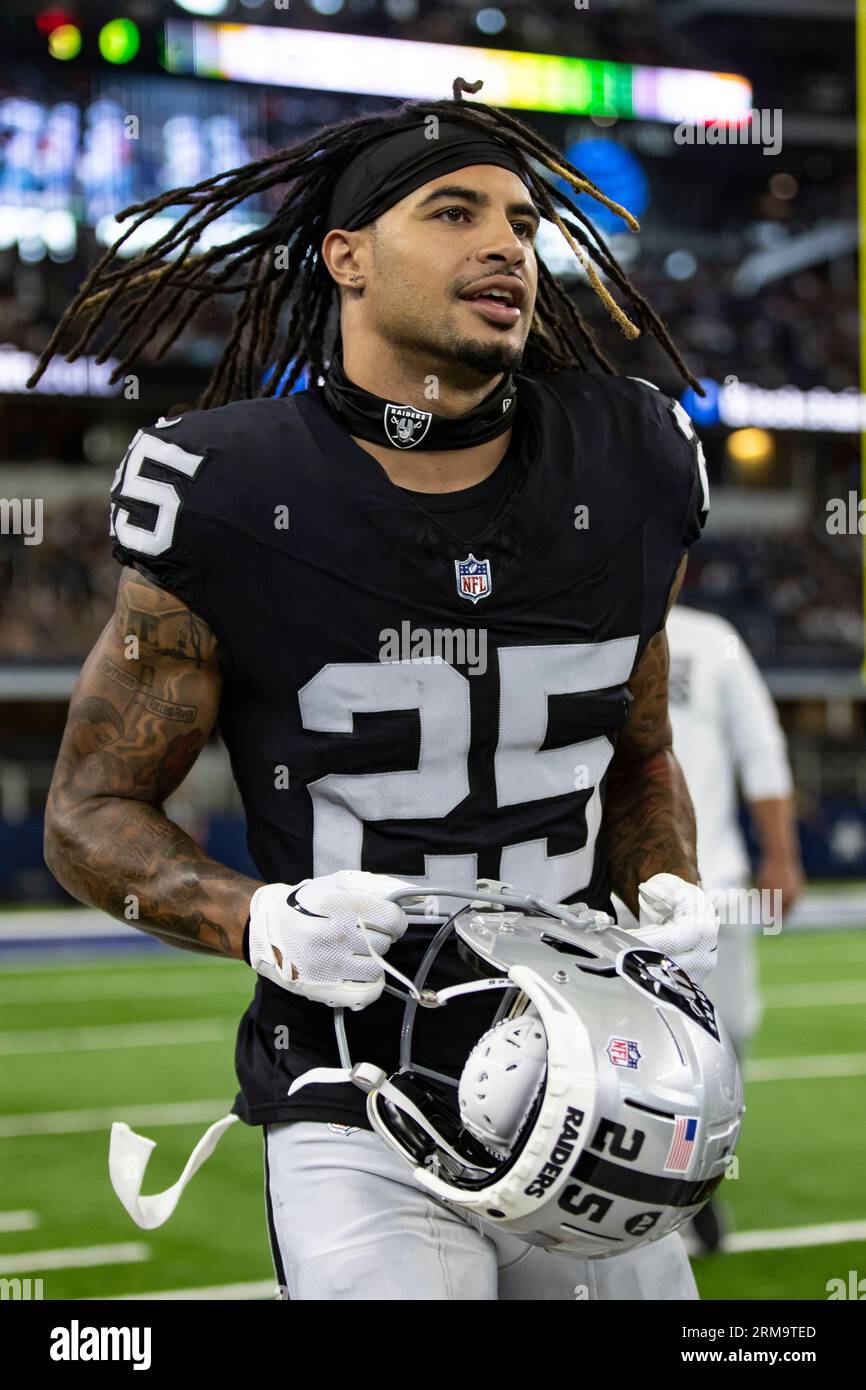 Las Vegas Raiders safety Tre'von Moehrig (25) is seen during warm ups ...