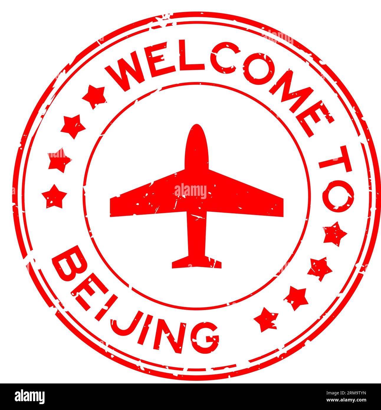 Grunge red welcome to beijing with airplane icon round rubber seal ...