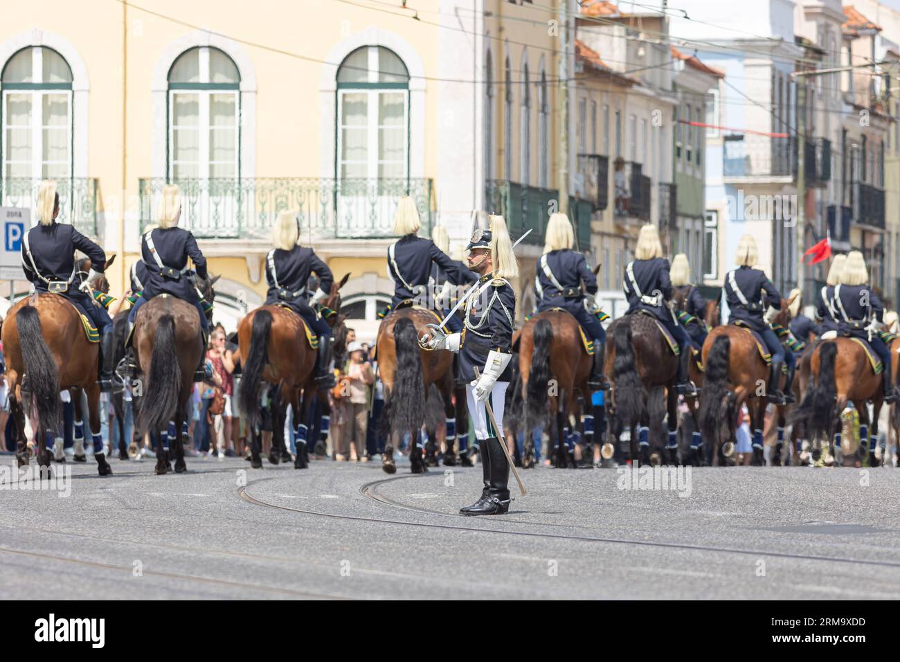 18 June 2023 Lisbon, Portugal: military parade - guards walking on the ...