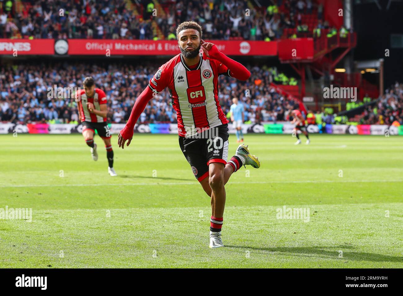 Jayden Bogle #20 of Sheffield United celebrates his goal to make it 1-1 ...