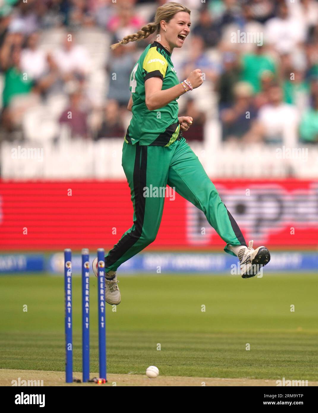 Southern Brave's Lauren Bell celebrates taking the wicket of Northern ...