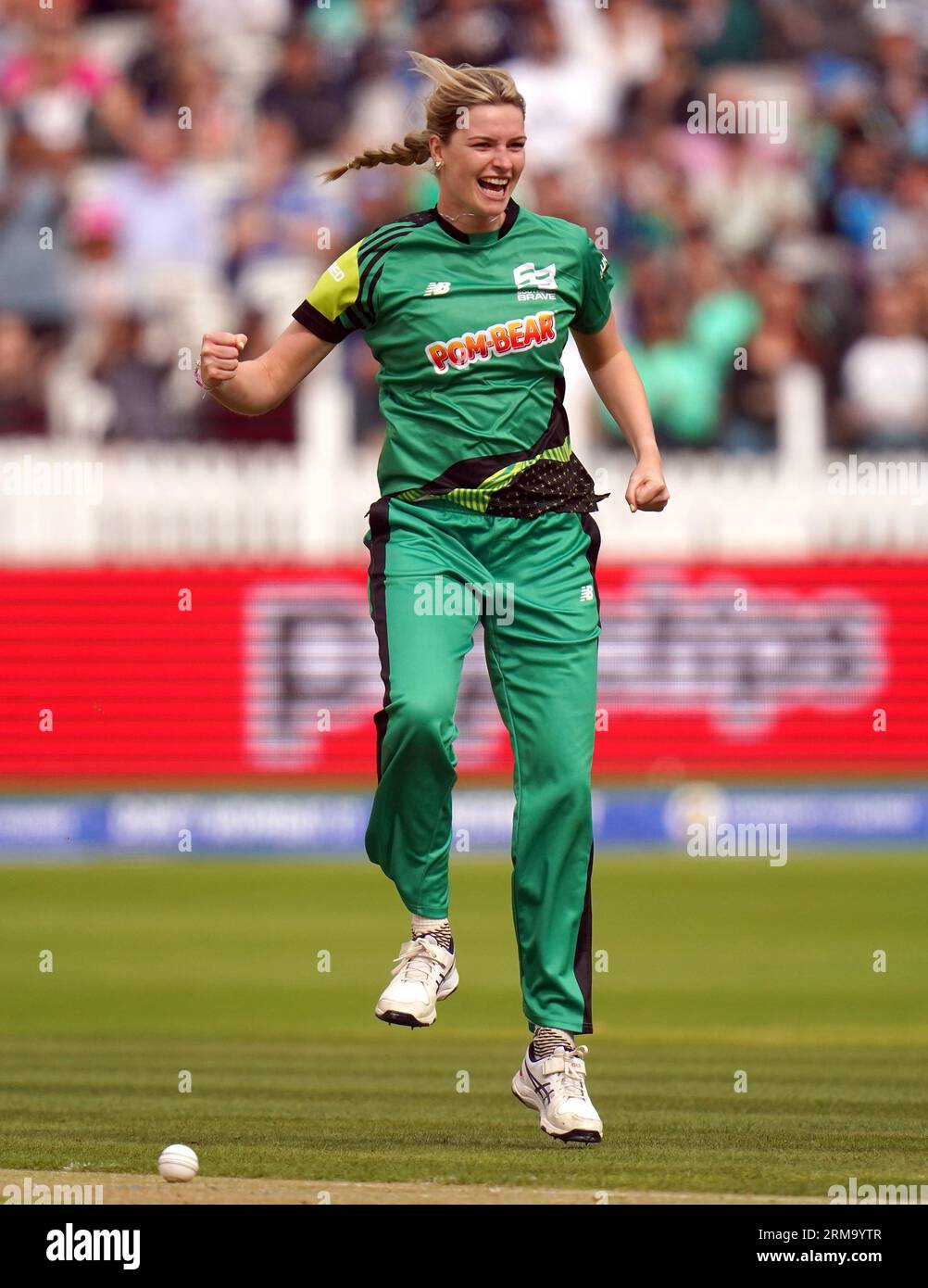Southern Brave's Lauren Bell celebrates taking the wicket of Northern ...