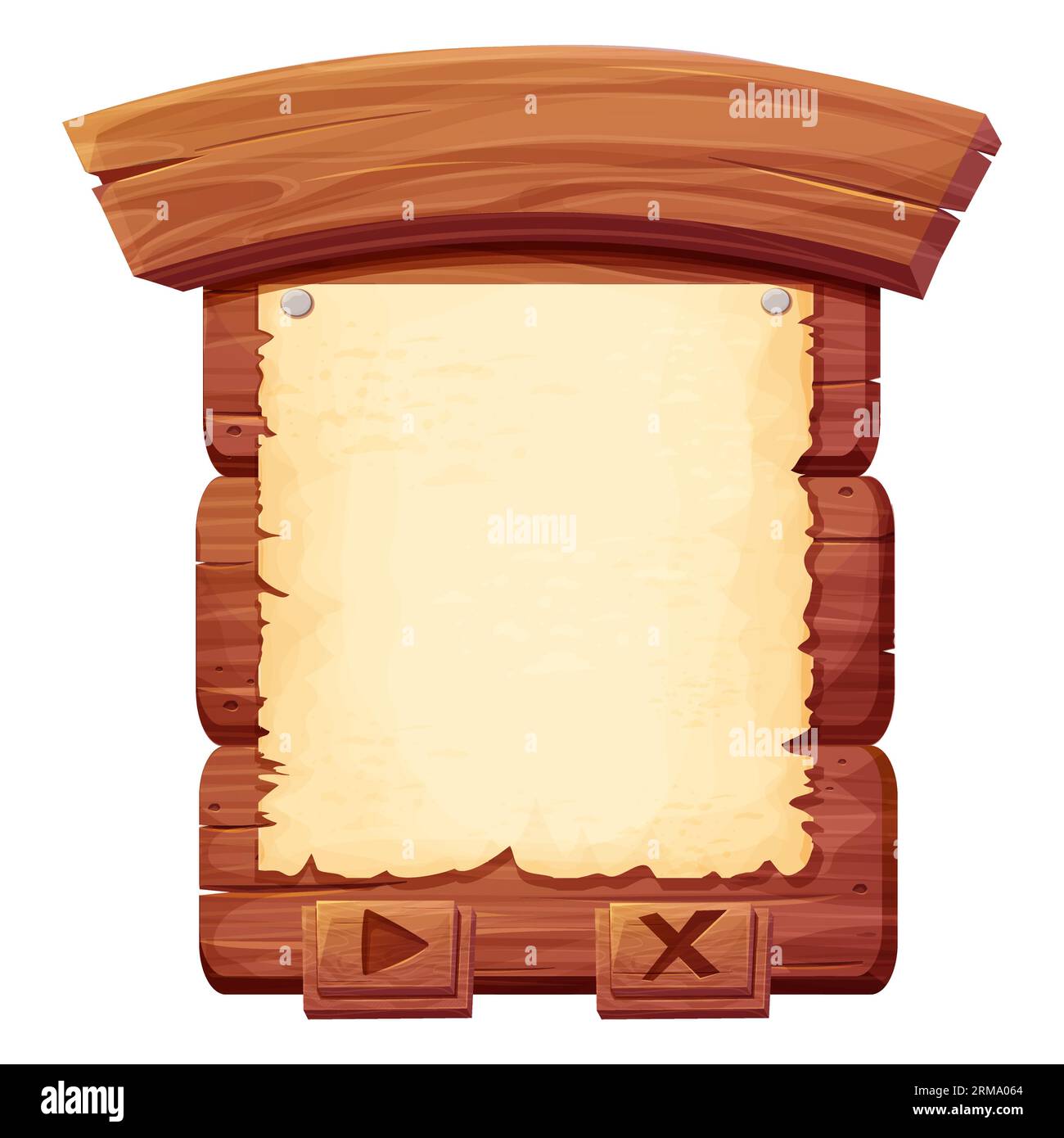 Wood planks with parchment paper in cartoon style game menu isolated on ...