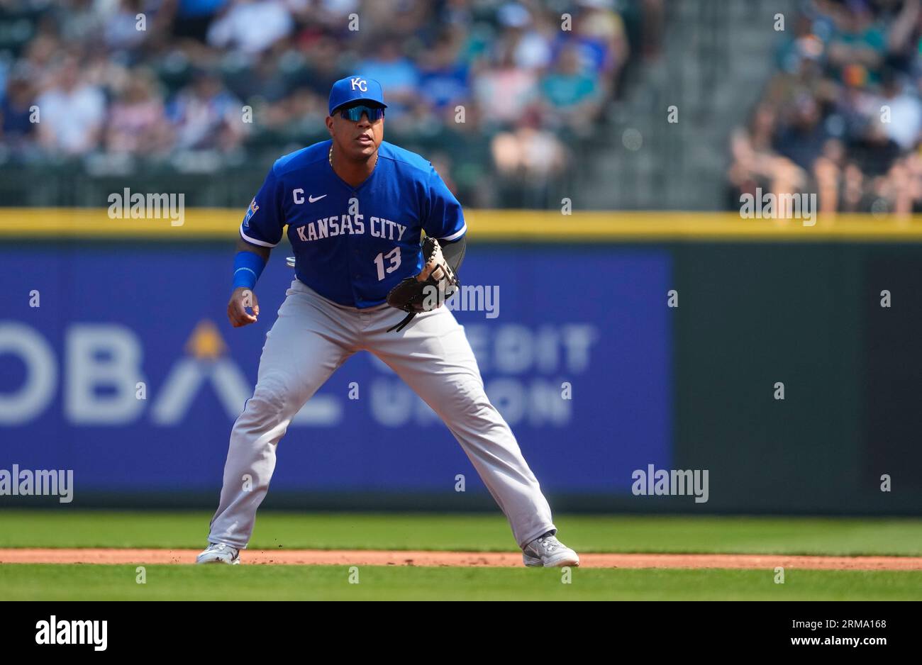 Kansas City Royals first baseman Salvador Perez looks on in a baseball ...