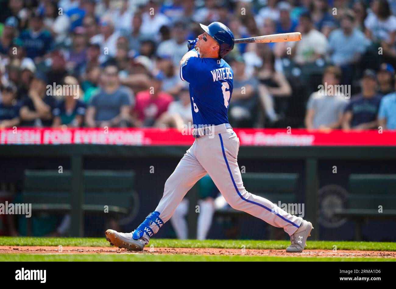 Kansas City Royals' Drew Waters follows through in a baseball game ...