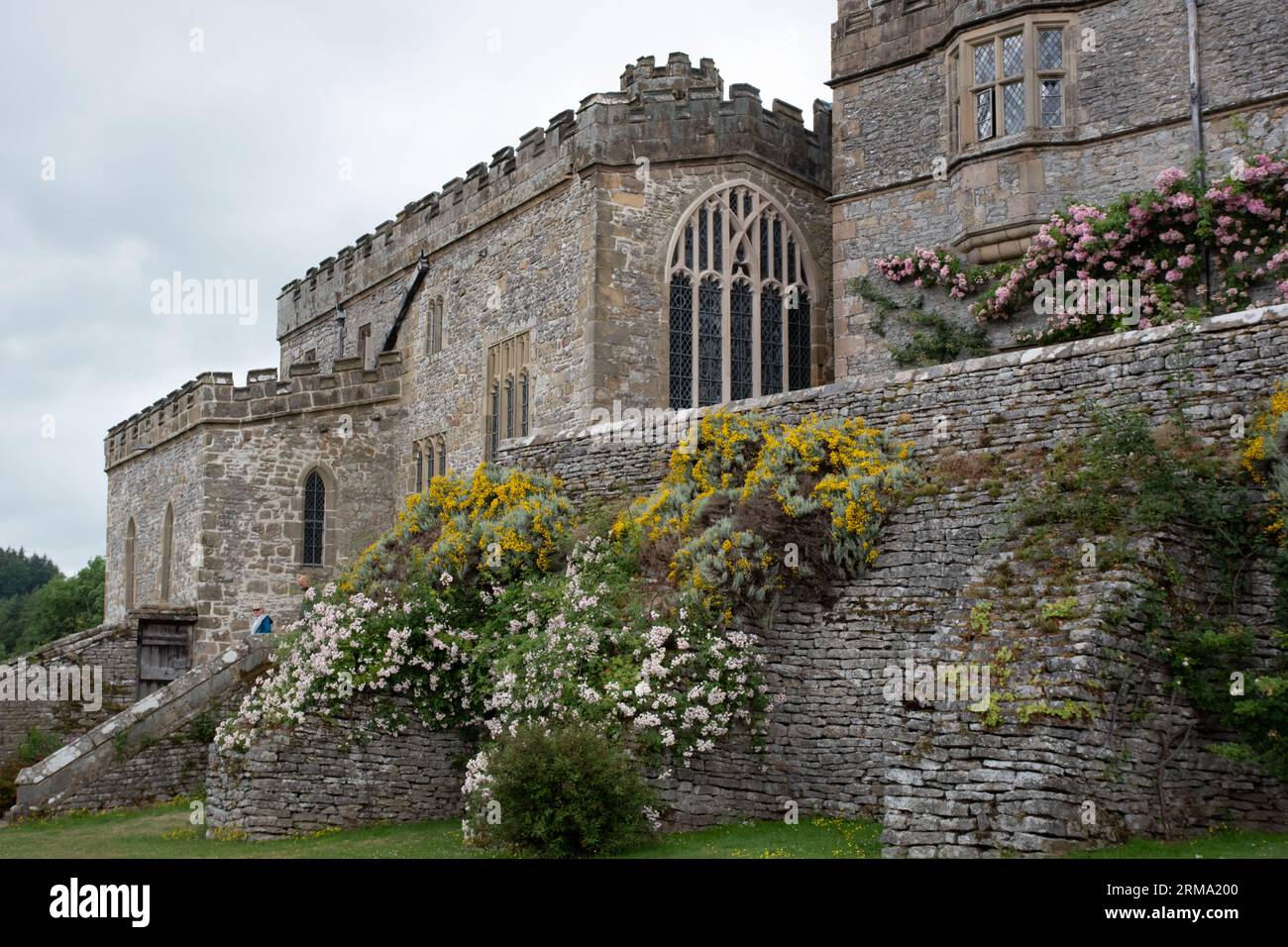 Haddon Hall garden terrace and the Chapel of St. Nicholas Stock Photo ...