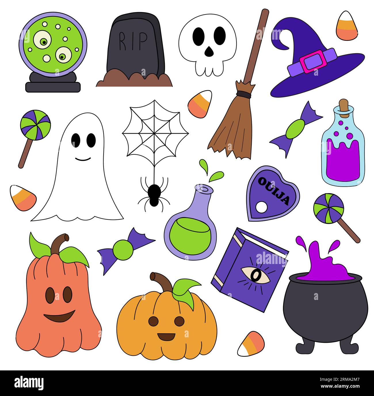 Halloween elements set. Vector illustration with pumpkins, tombstone ...