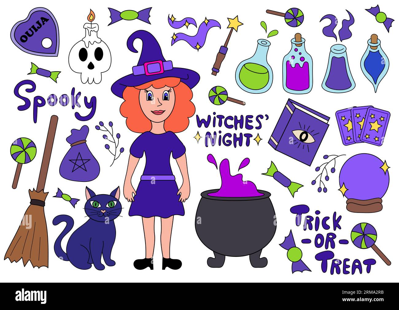 Halloween element set: witch, cat, cauldron, poison bottles, ouija ...