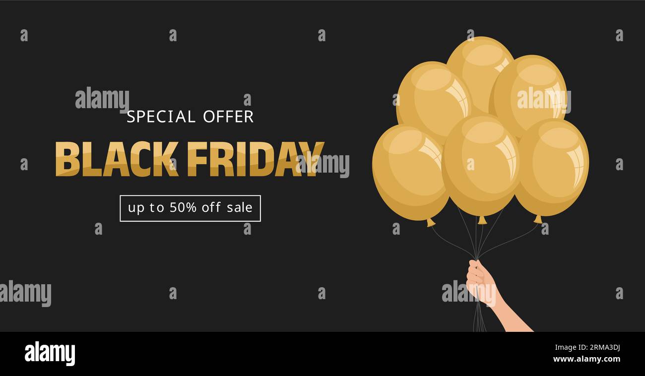 Black friday sale banner. Hand holding golden balloons on a black ...