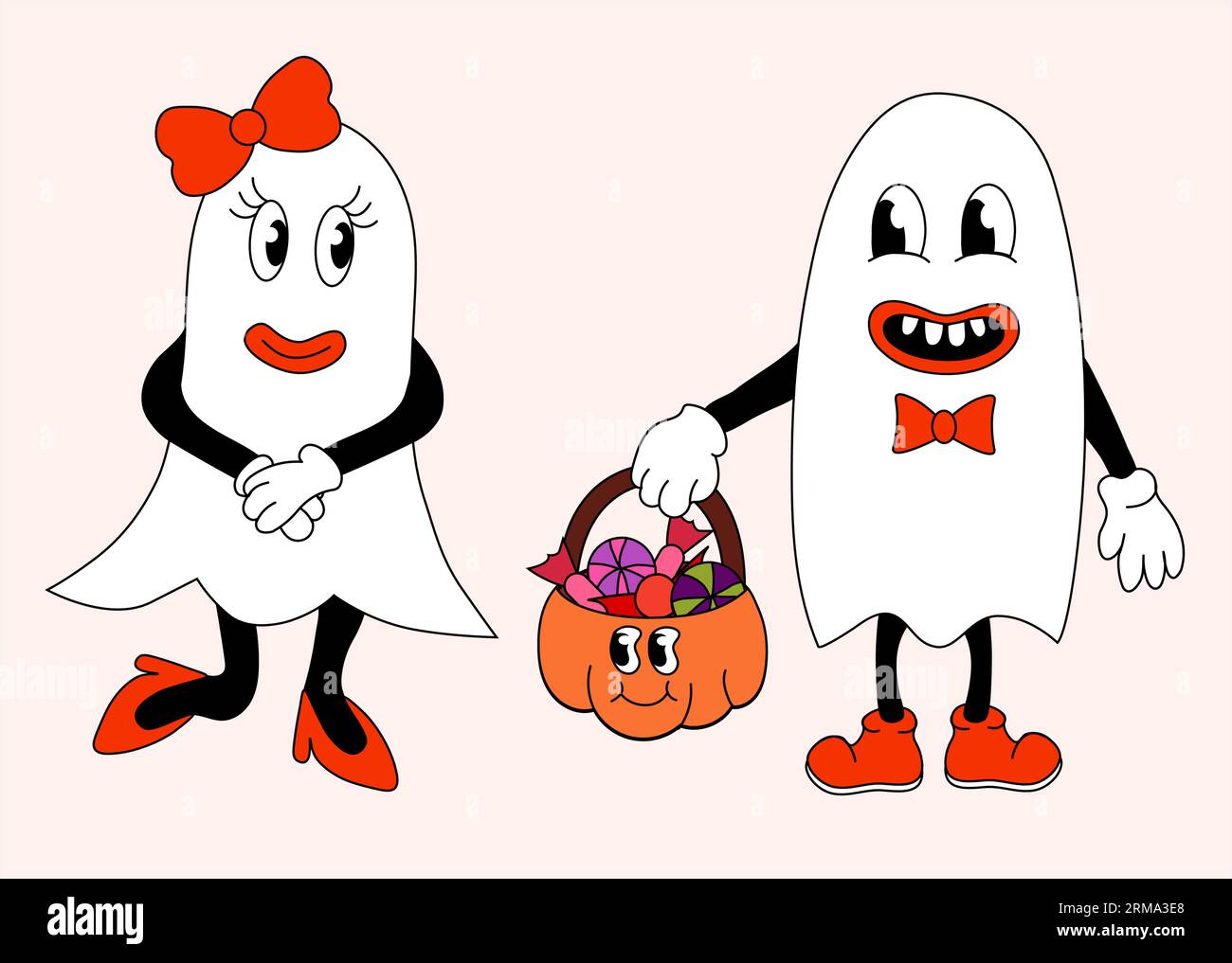 Retro 70s 60s 80s Hippie Groovy Halloween Ghosts girl and boy in love ...