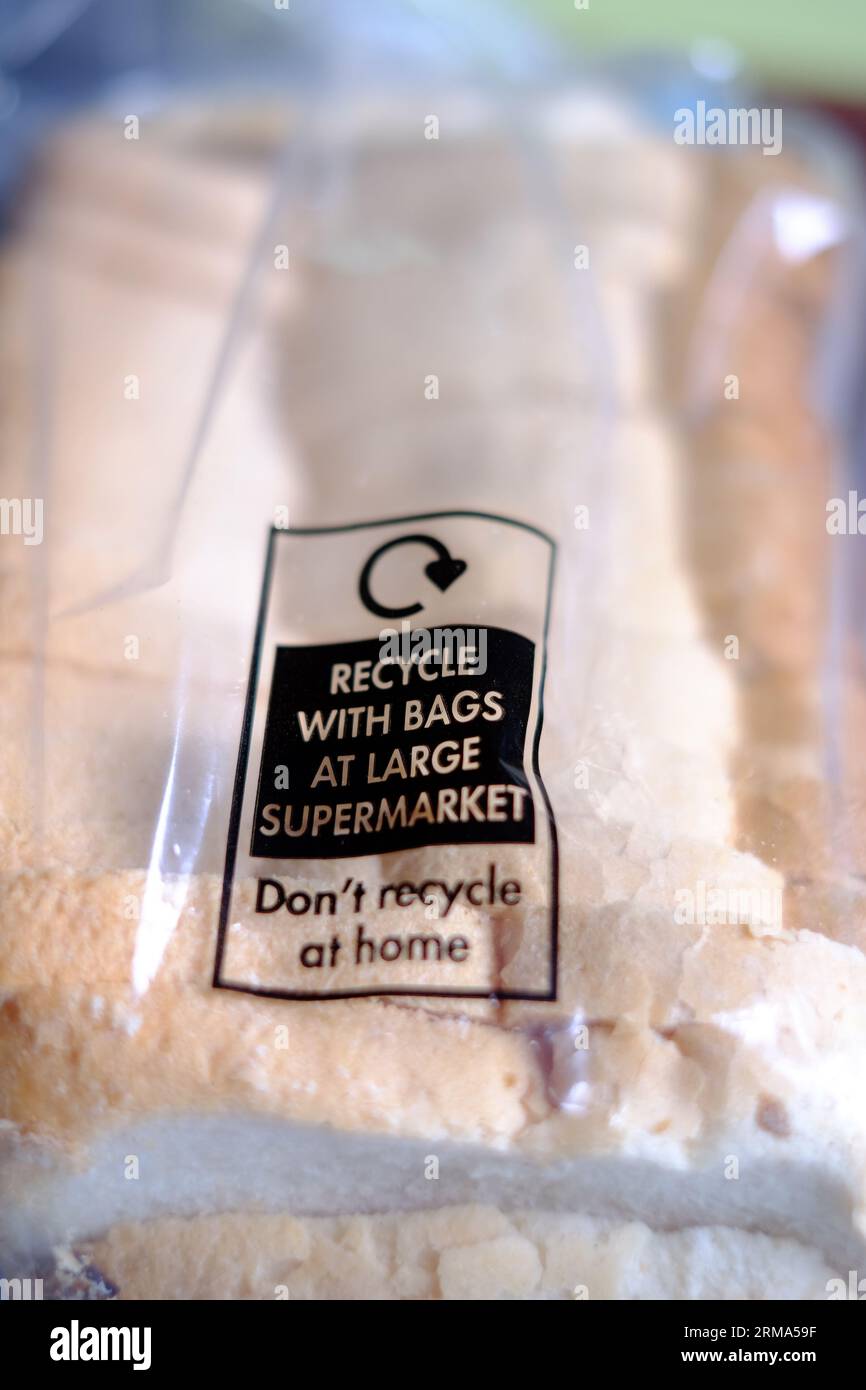 Recycling instructions label on a plastic packaging bag for sliced ...