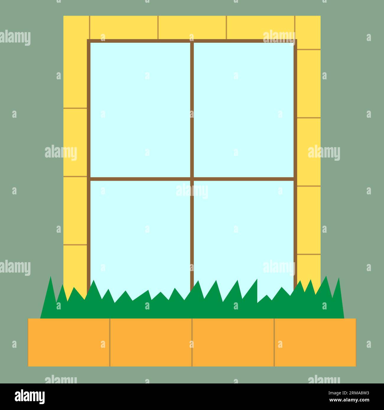 A window with a window box filled with green grass, Window frame and ...
