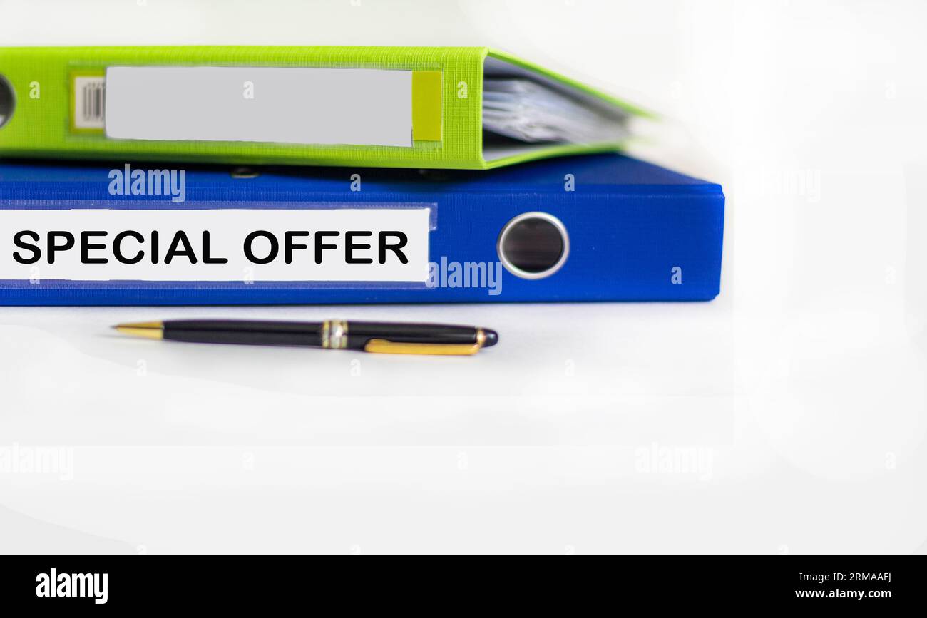 Beautiful folders with words SPECIAL OFFER on white background Stock ...