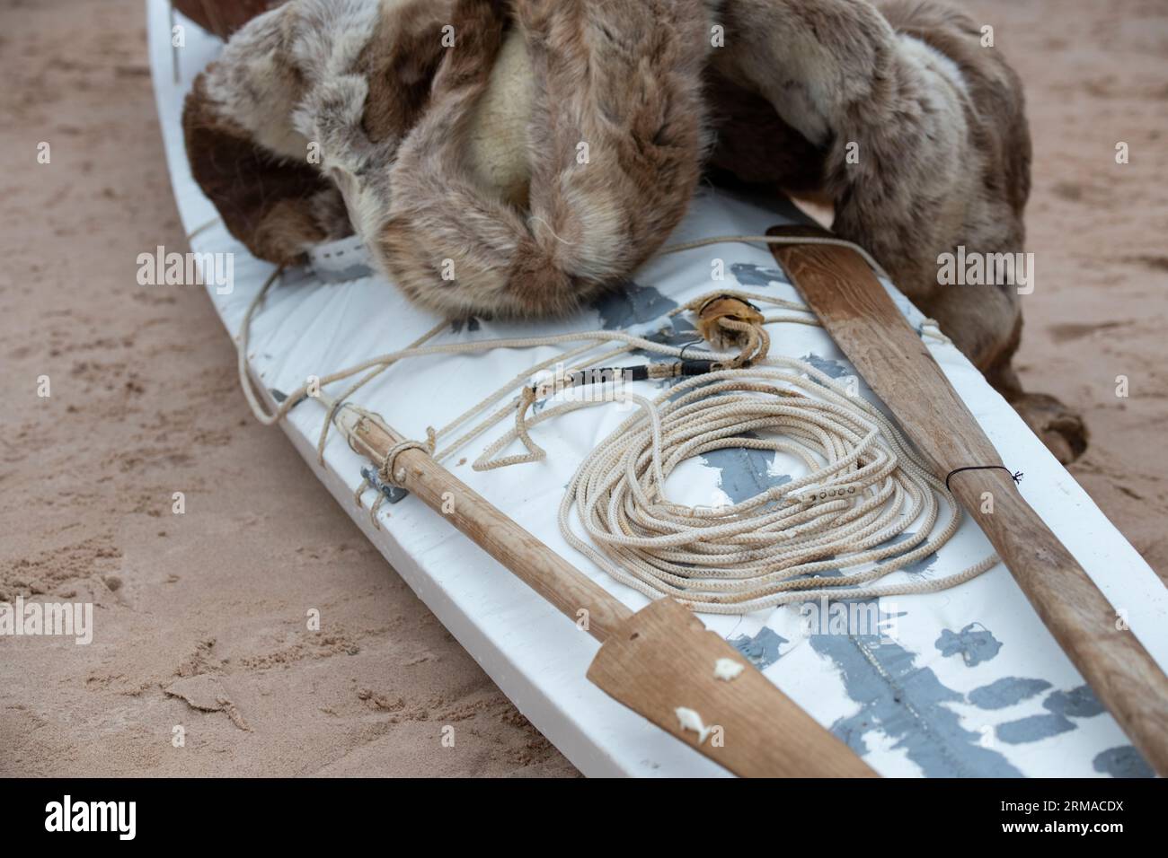 Northwestern Greenland, Baffin Bay. Typical kayak with reindeer parka ...