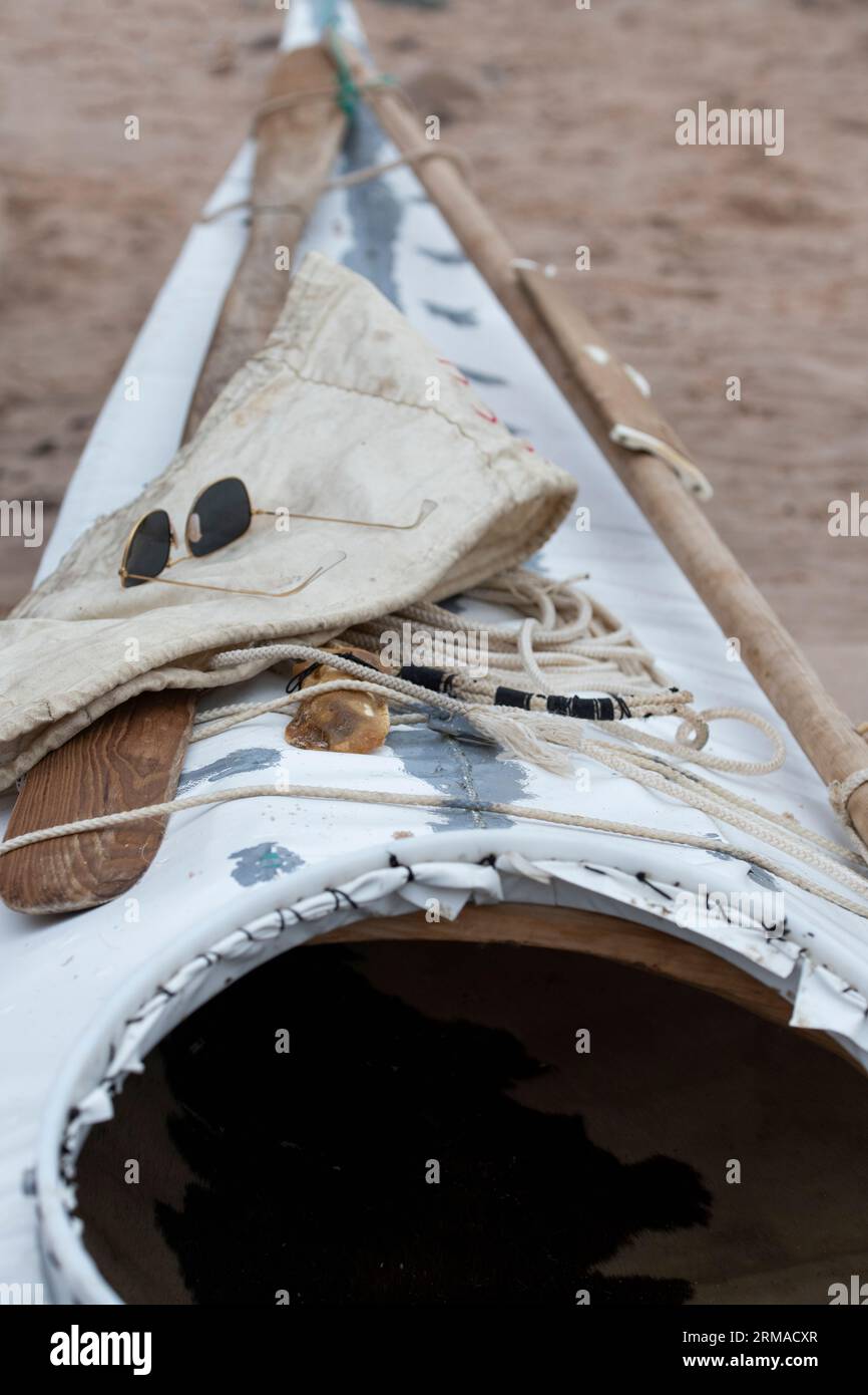 Northwestern Greenland, Baffin Bay. Traditional Greenlandic kayak on ...