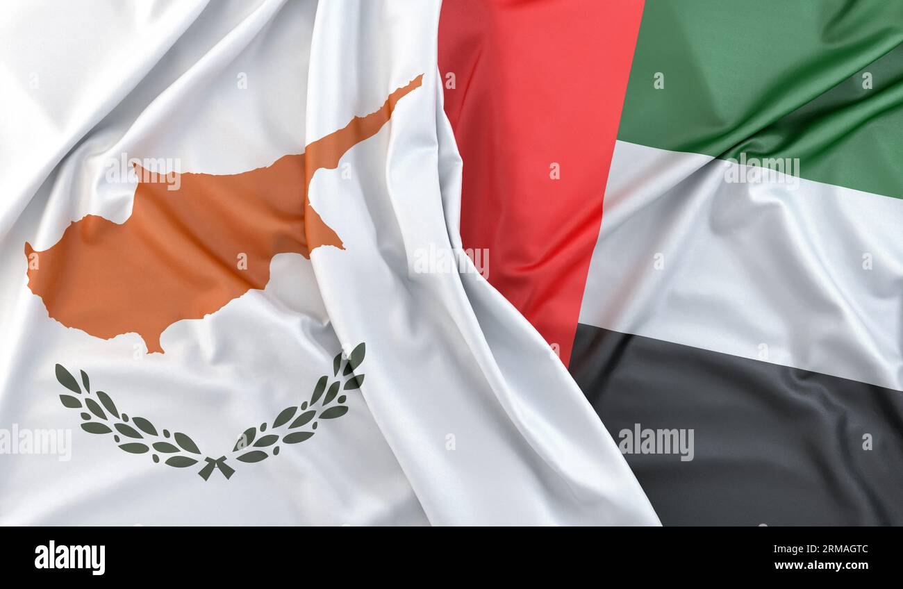 Ruffled Flags of Cyprus and United Arab Emirates. 3D Rendering Stock ...