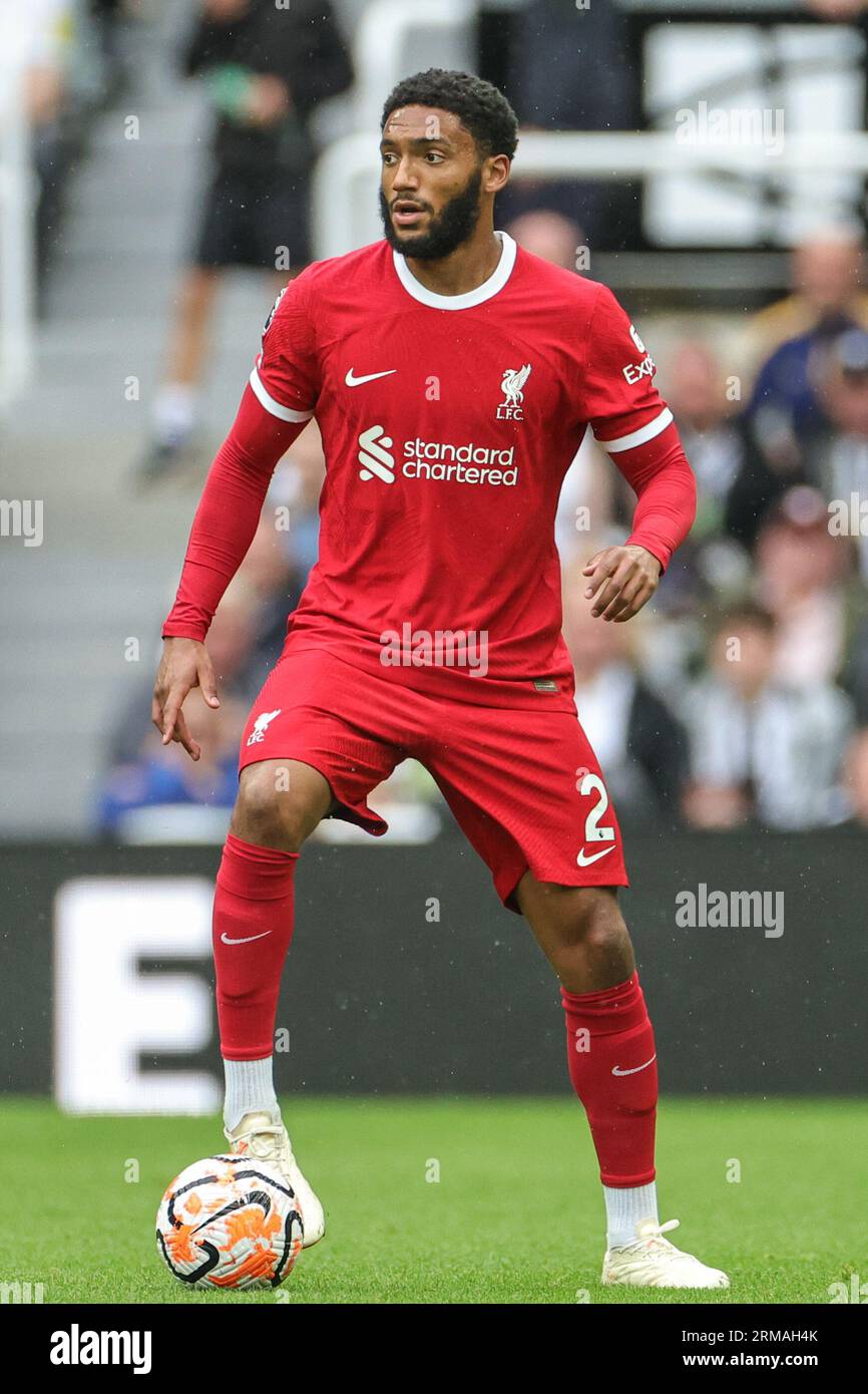 Joe Gomez #2 of Liverpool holds the ball during the Premier League ...