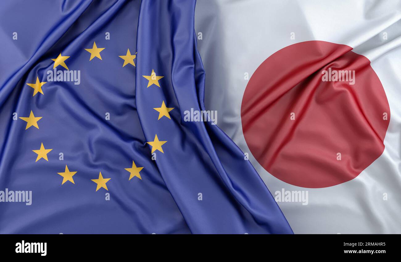 Ruffled Flags of European Union and Japan. 3D Rendering Stock Photo - Alamy
