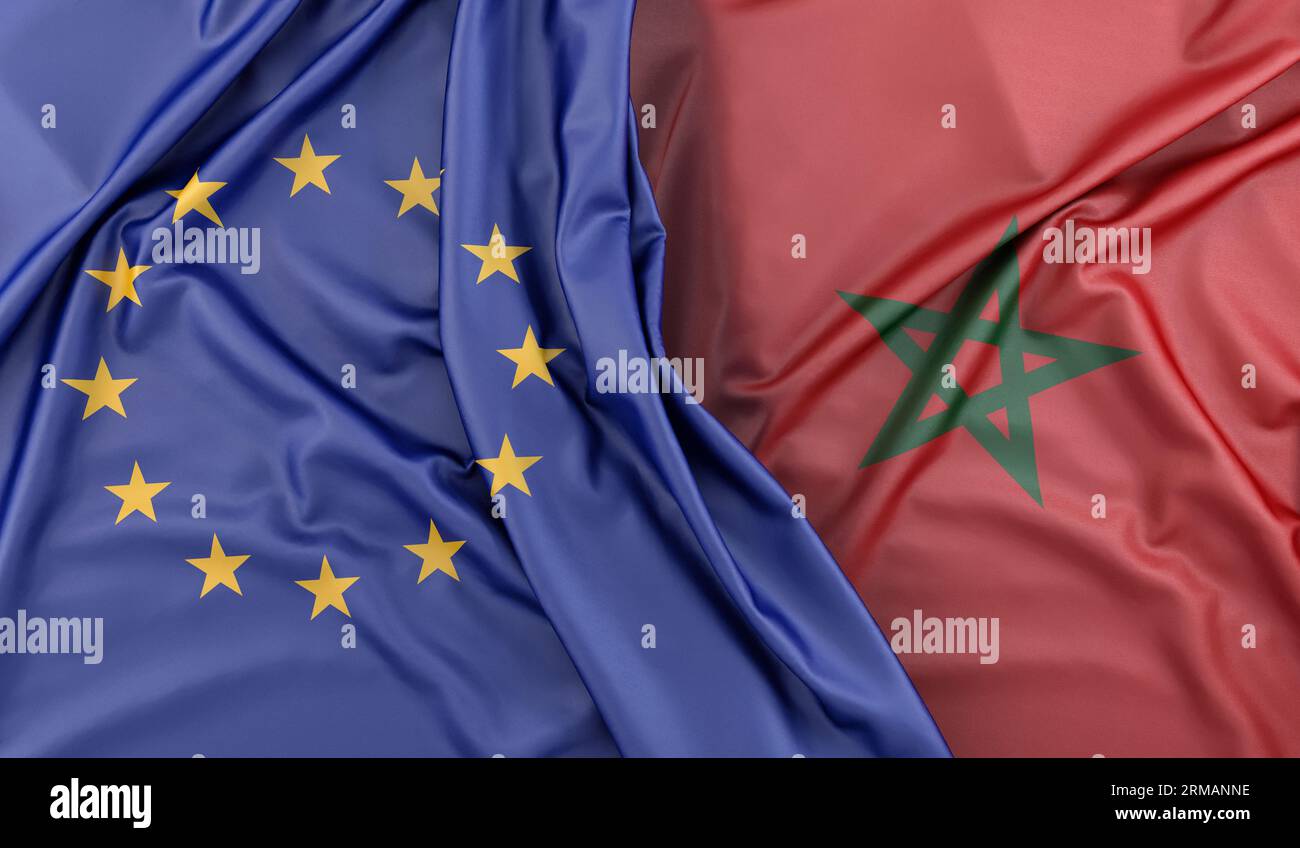 Ruffled Flags of European Union and Morocco. 3D Rendering Stock Photo ...