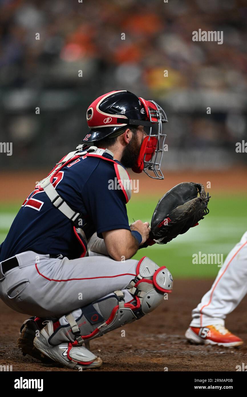 Boston Red Sox catcher Connor Wong (12) sending a pitch signal in the sixth inning of the MLB ...