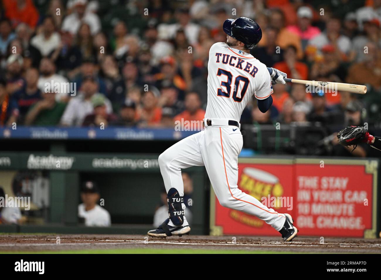 Houston Astros right fielder Kyle Tucker (30) hits a 390 foot home run to right fielding the ...
