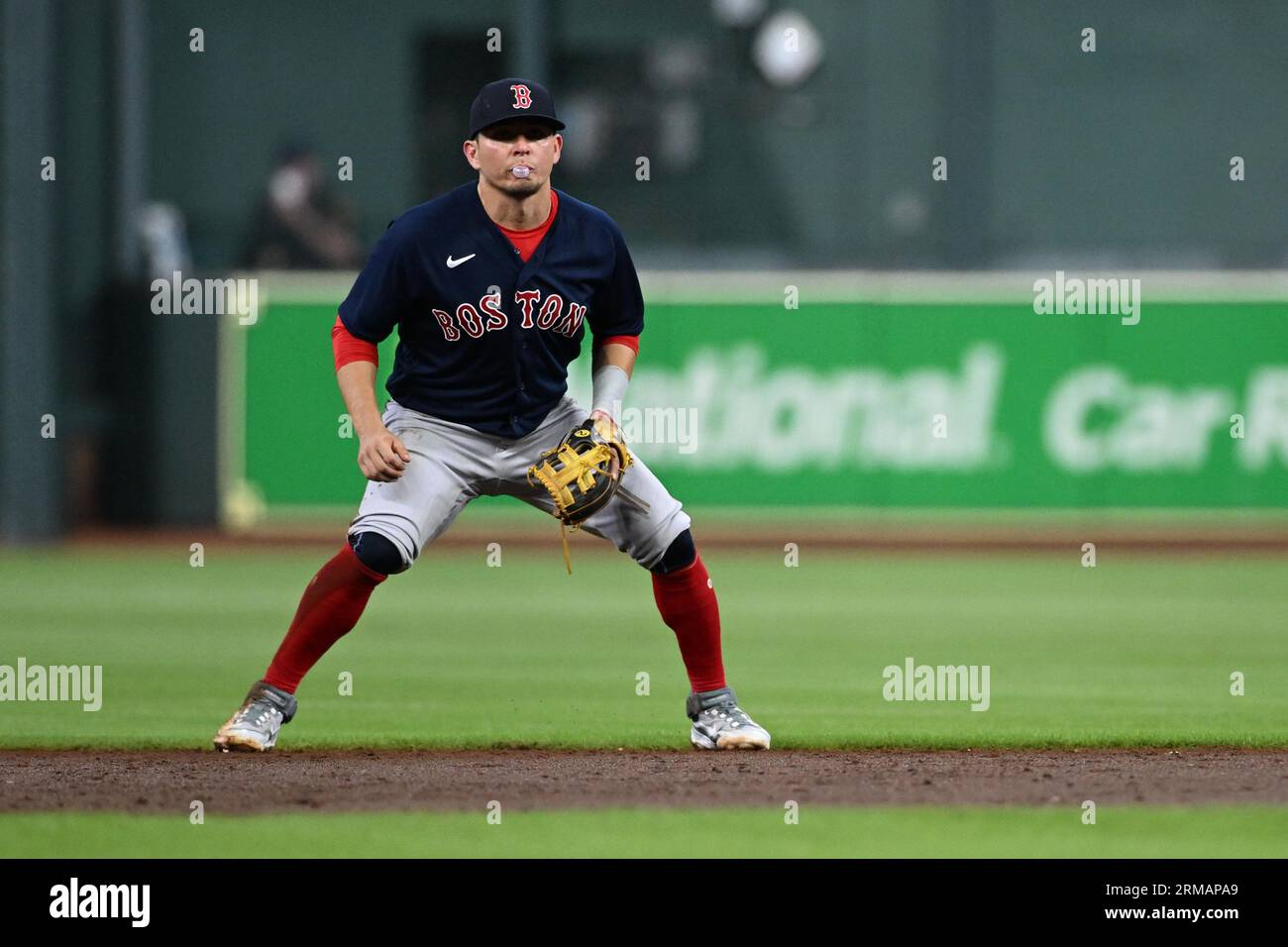 Boston Red Sox second baseman Luis Urias (17) gets baseball ready in ...