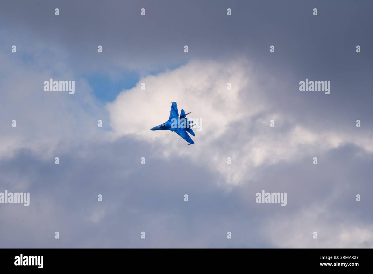 Ukrainian Air Force Sukhoi Su-27 Flanker fighter jet plane flying at ...