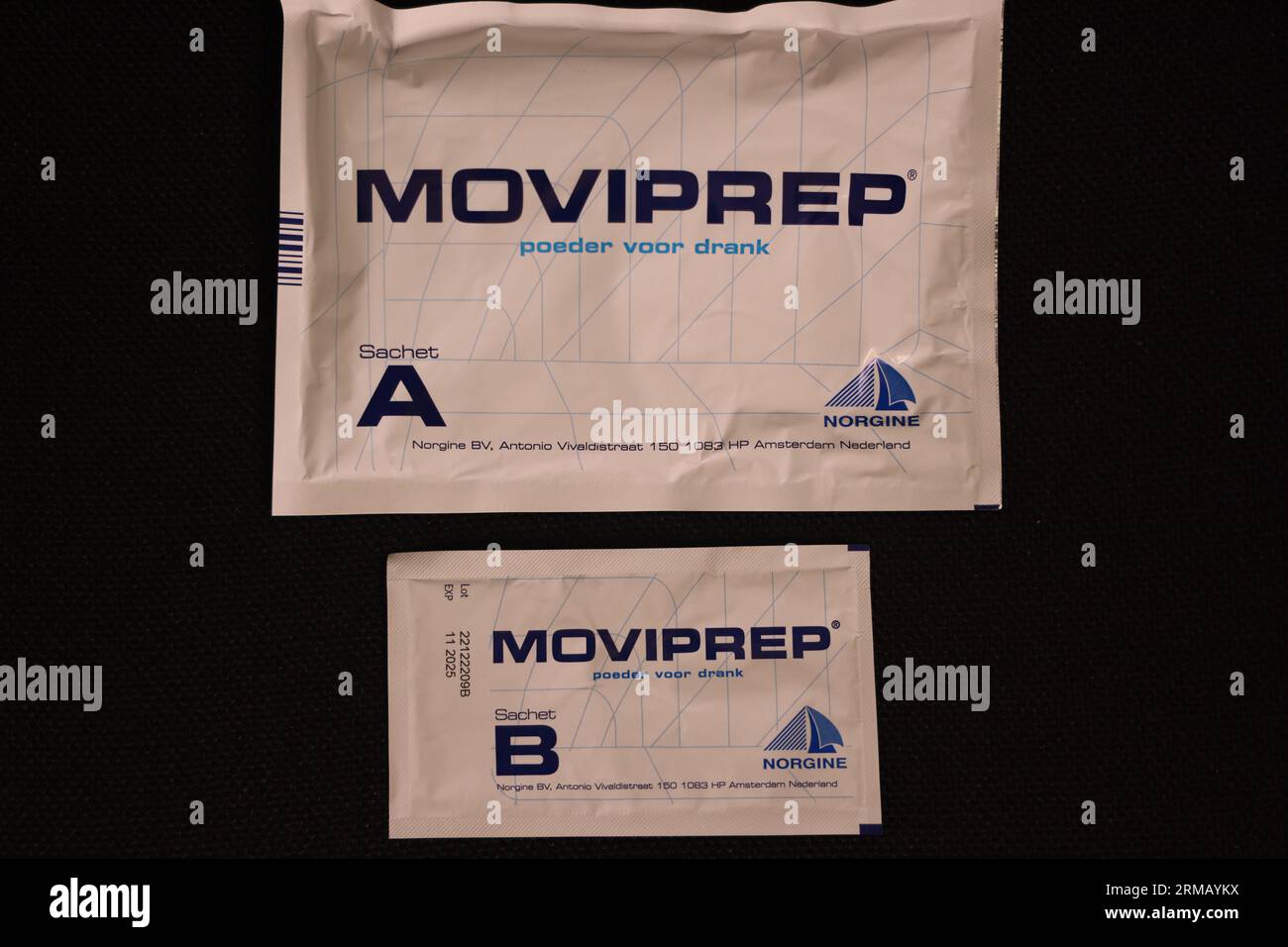 Photo of Moviprep medicine consisting of two sachets with powder; lemon flavoured laxative, used ...