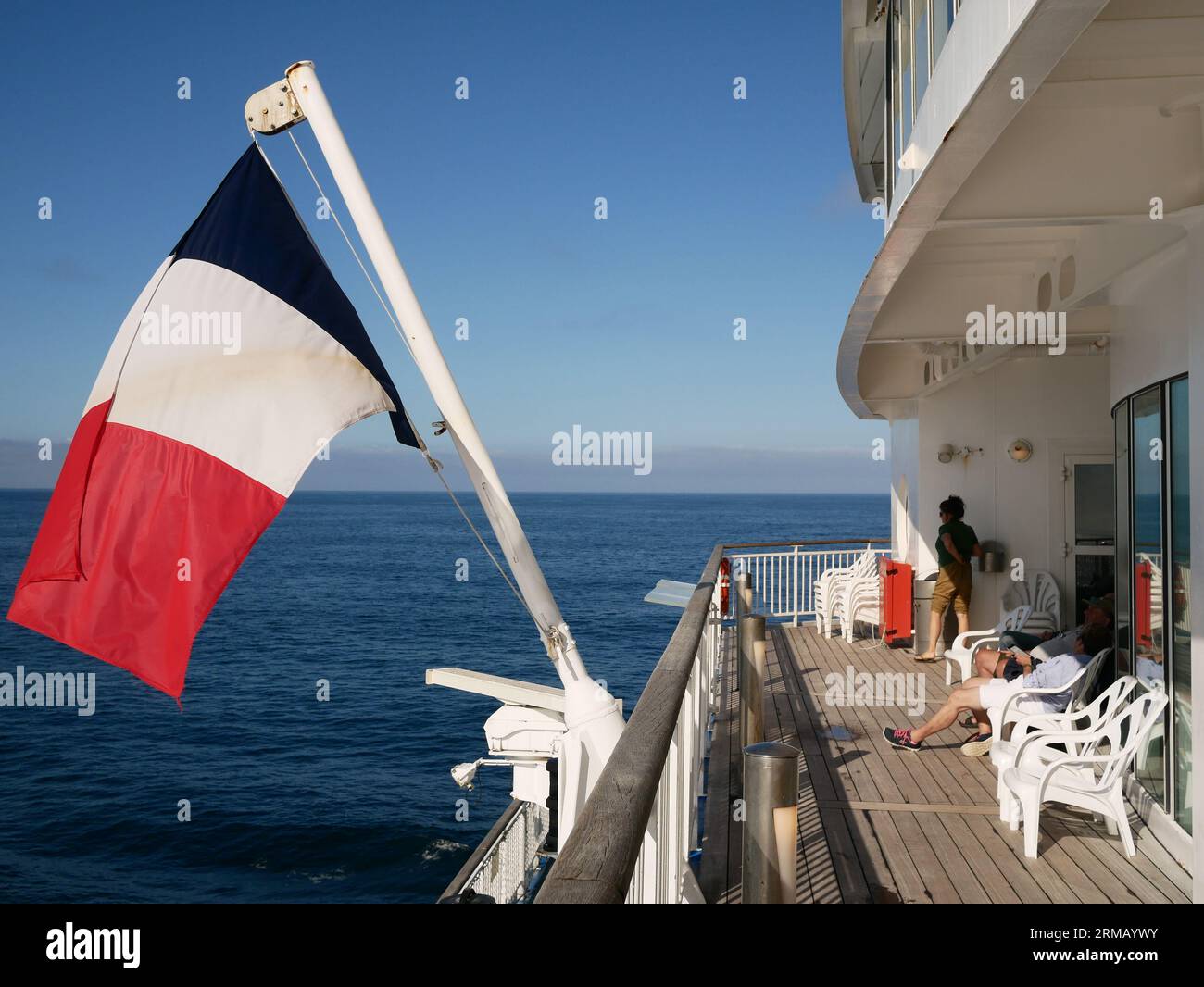 French flag tricolour flying from stern of Brittany Ferries Port-Aven ...