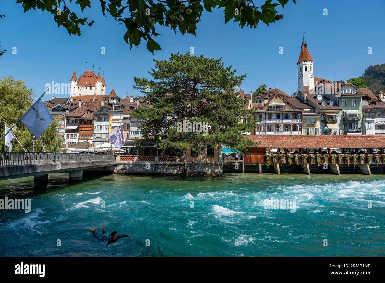 The River Aare which runs through Thun town centre, Canton of Bern ...
