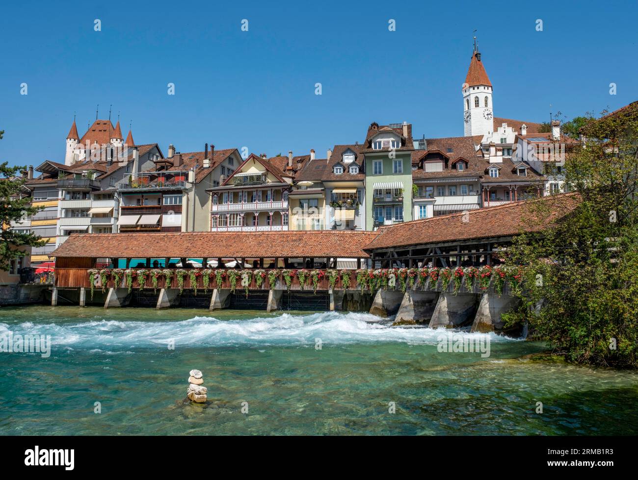 The River Aare which runs through Thun town centre, Canton of Bern ...