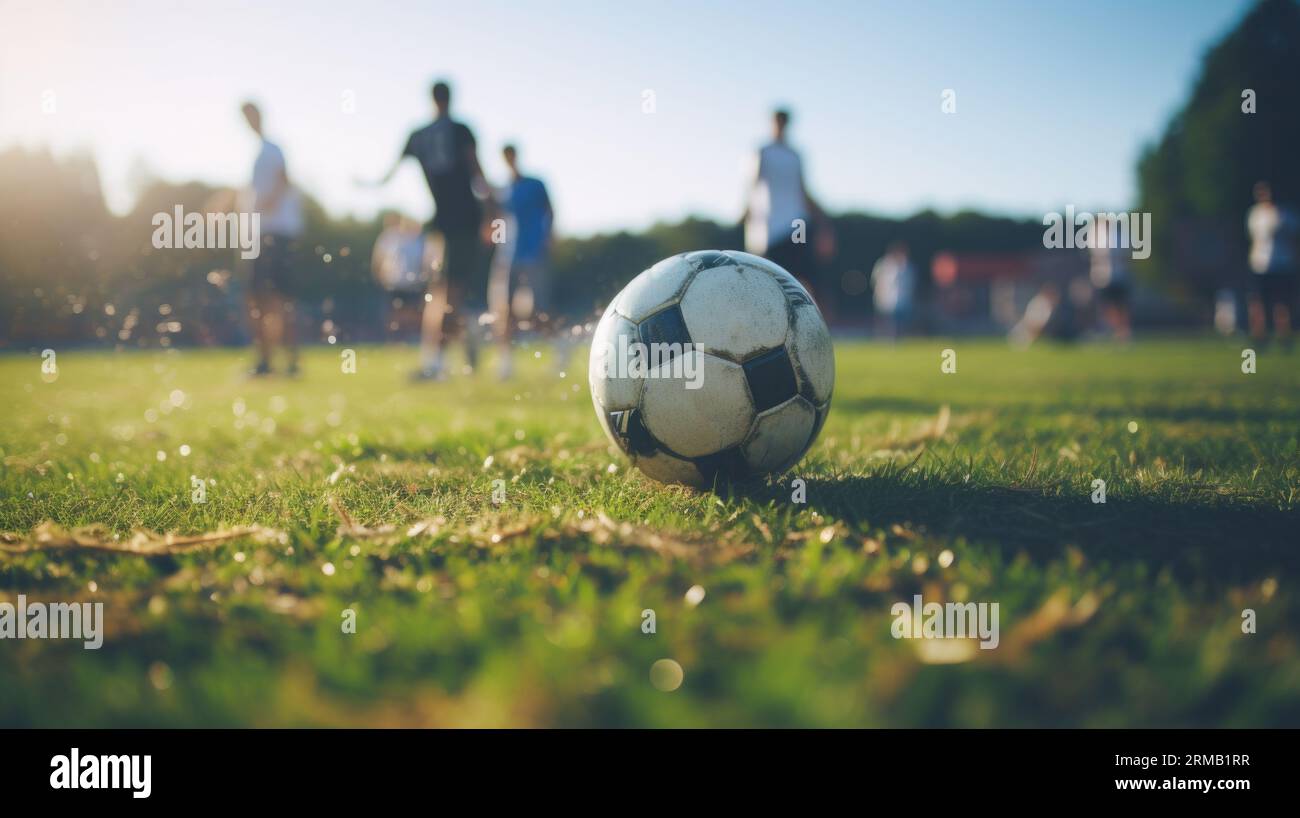 Traditional soccer ball on soccer on grass field in sunny weather ...