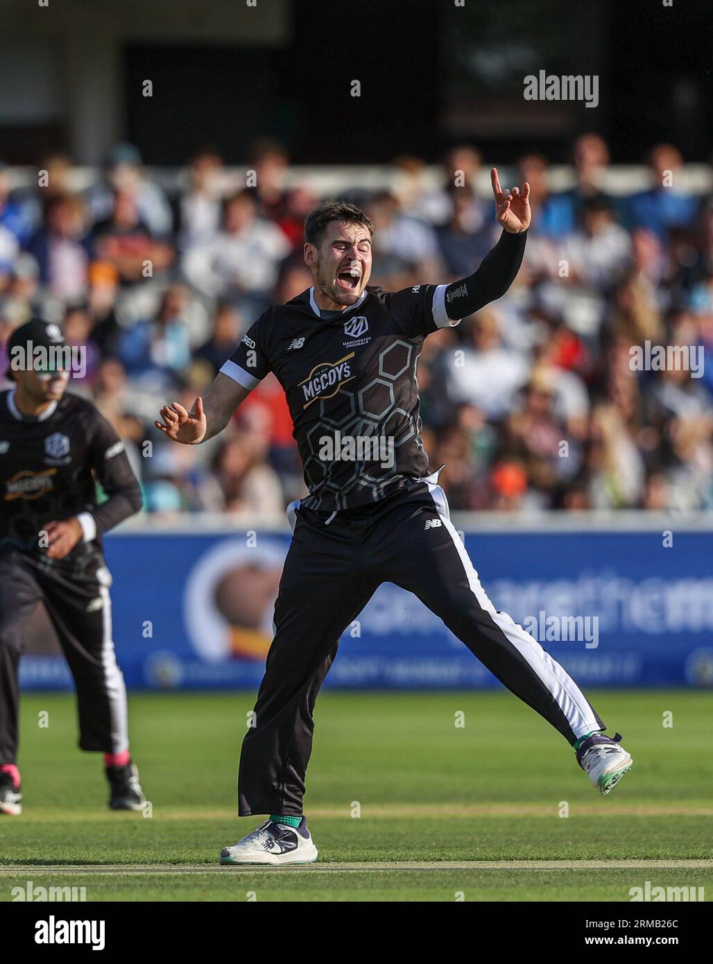 London, England. 21st August, 2023. Manchester Orginals' Josh Little ...