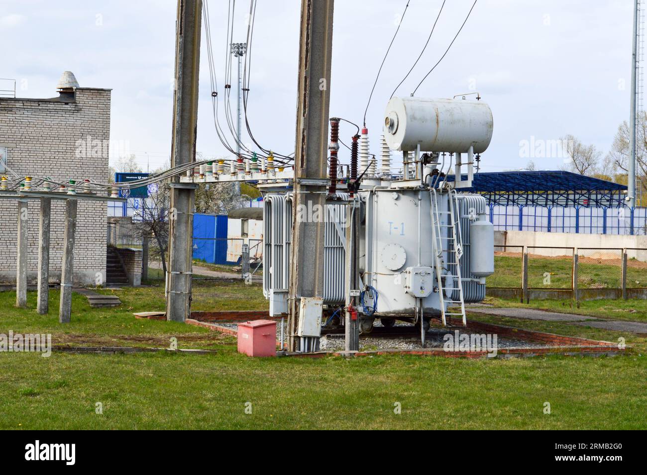 Large industrial iron metal transformer substation with transformers ...