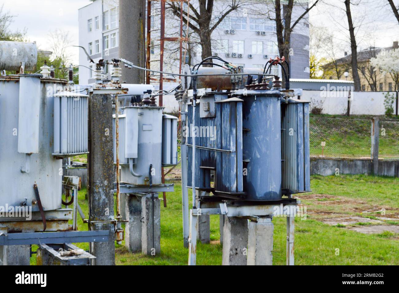 Large industrial iron metal transformer substation with transformers ...
