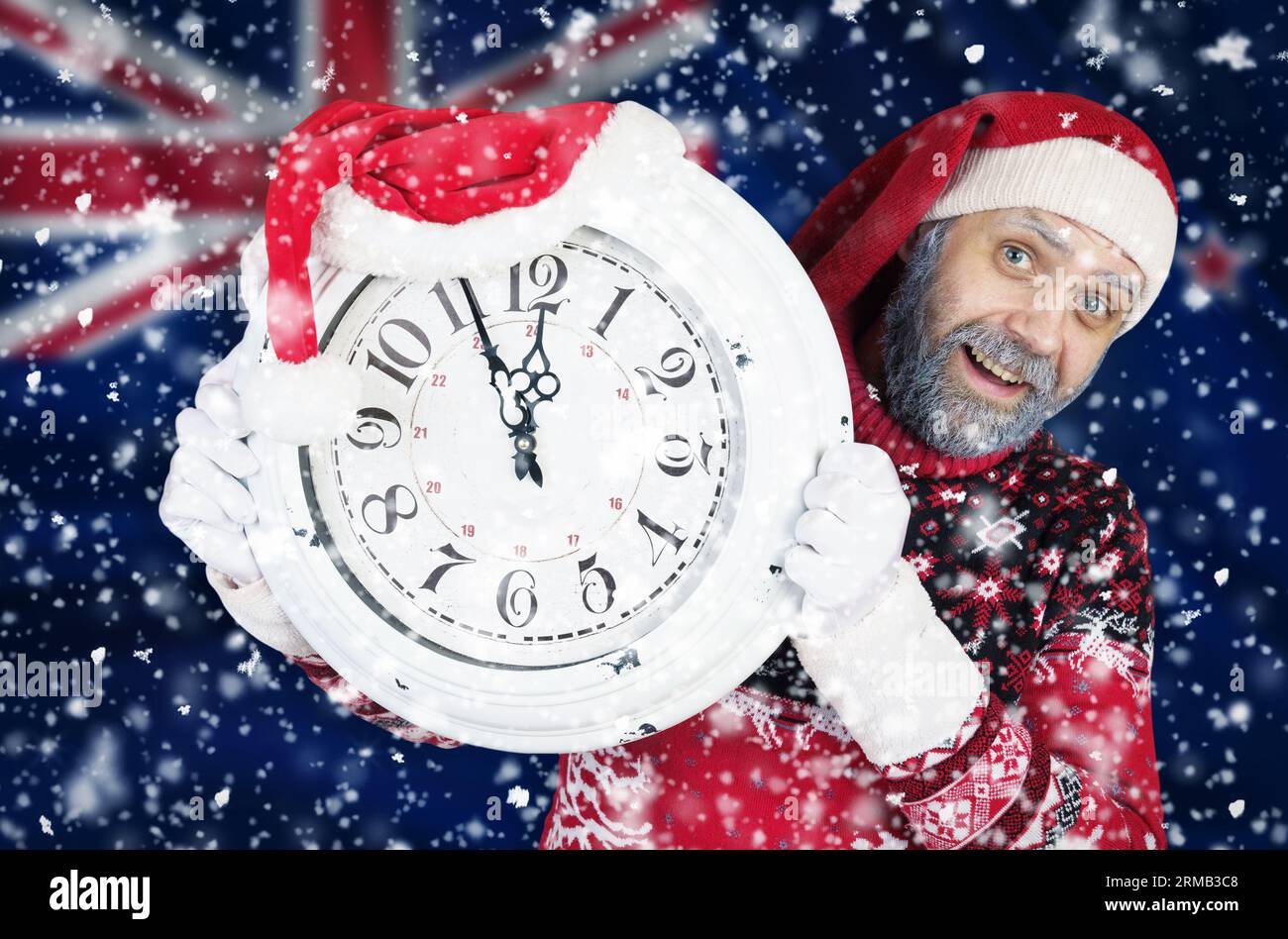 Santa Claus holds a clock in his hands, on which 5 minutes are left ...