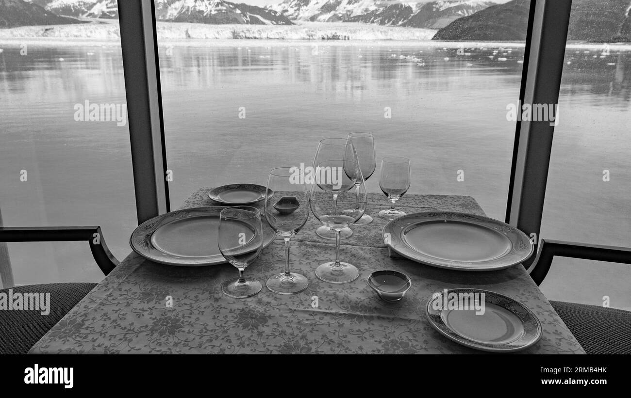 Restaurant table setting interior by panoramic window at scenic glacier ...
